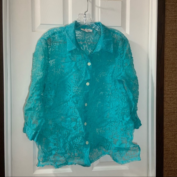 JM Collection | Tops | Jm Collection Blue Semisheer Print Button Up ...